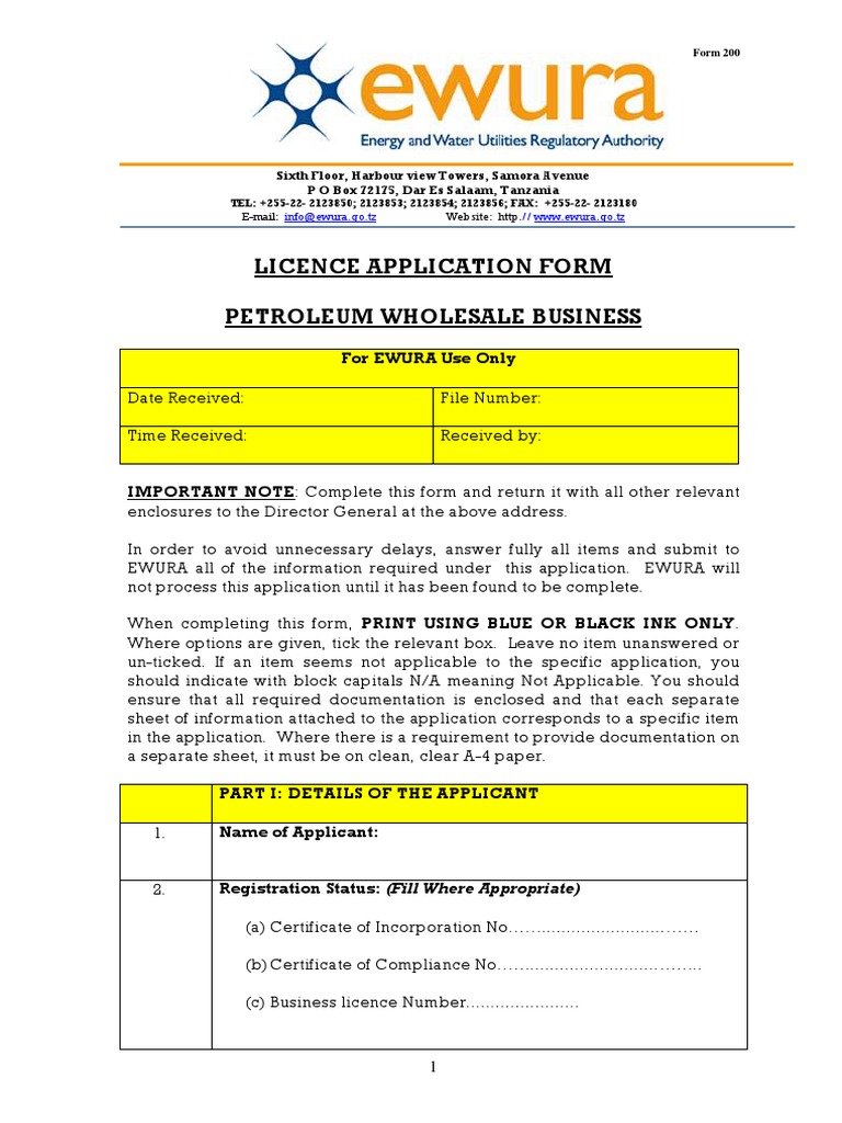 Licence Application Form Petroleum Wholesale Business: For EWURA Use ...