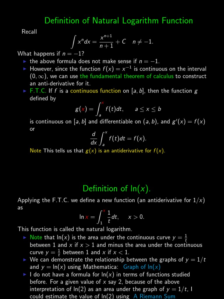 Definition of Natural Logarithm Function: The Fundamental Theorem of ...
