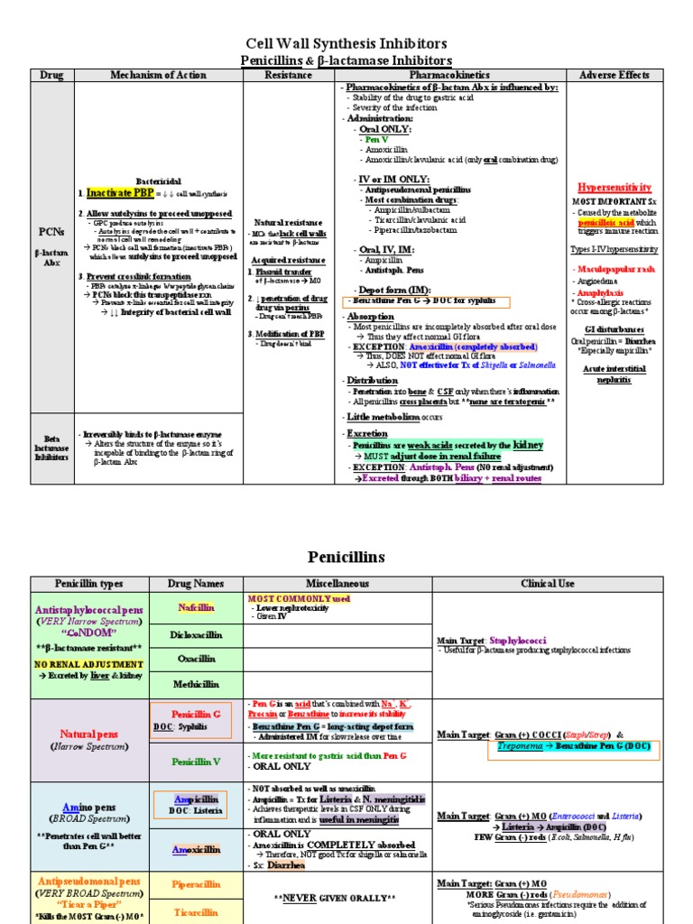 Antibiotics Chart | PDF | Beta Lactamase | Penicillin