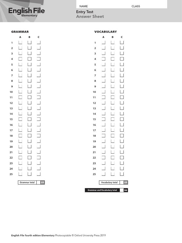 EF4e Elem Entry Test Answer Sheet | PDF