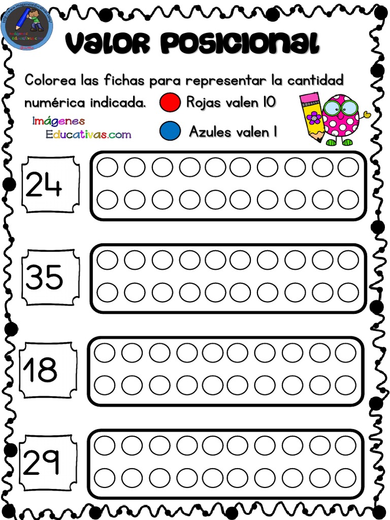 Valor Posicional: Colorea las fichas para representar la cantidad ...