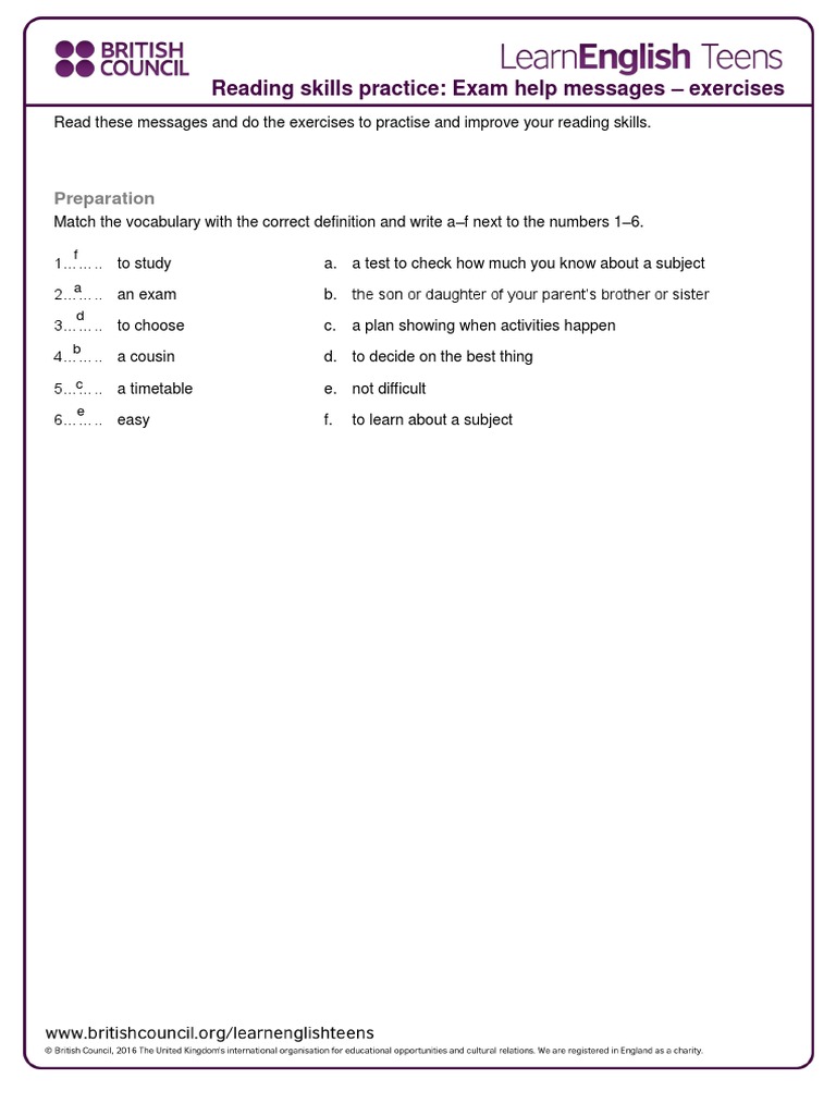 Reading Skills Practice: Exam Help Messages - Exercises: Preparation | PDF