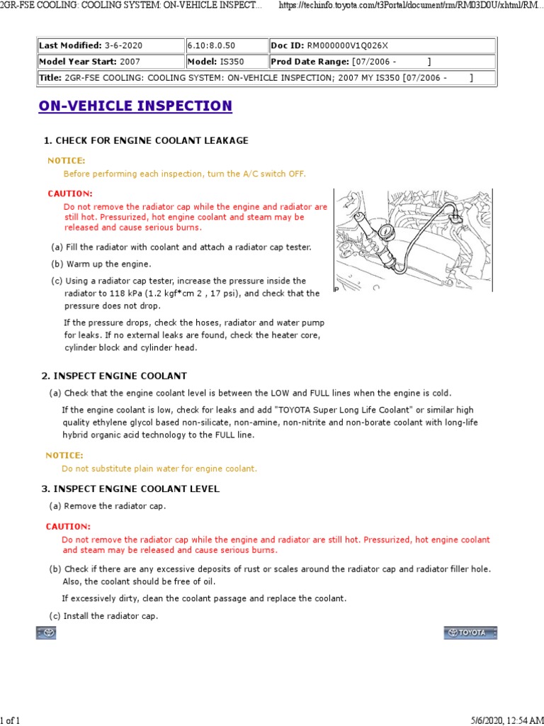 2gr-Fse Cooling - Cooling System - On-Vehicle Inspection PDF | PDF ...