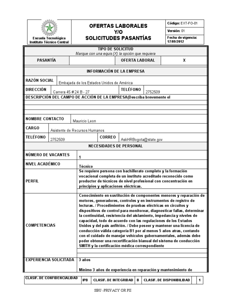 Formato Oferta Laboral 2020 Electricista | PDF | Gestión de recursos ...