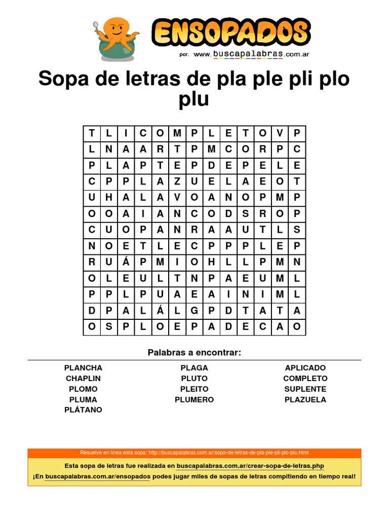 Sopa de Letras de Pla Ple Pli Plo Plu PDF | PDF