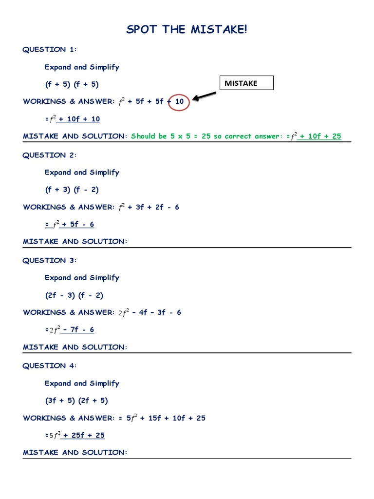 Spot The Mistake Worksheet | PDF