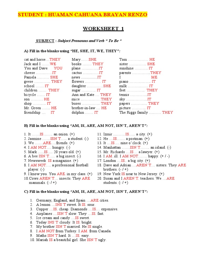 Subject Pronouns and Verb "To Be": A Worksheet on Identifying Subject ...