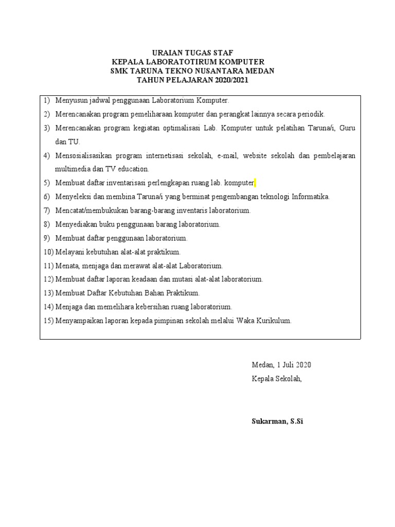 Uraian Tugas Kepala Laboratorium | PDF