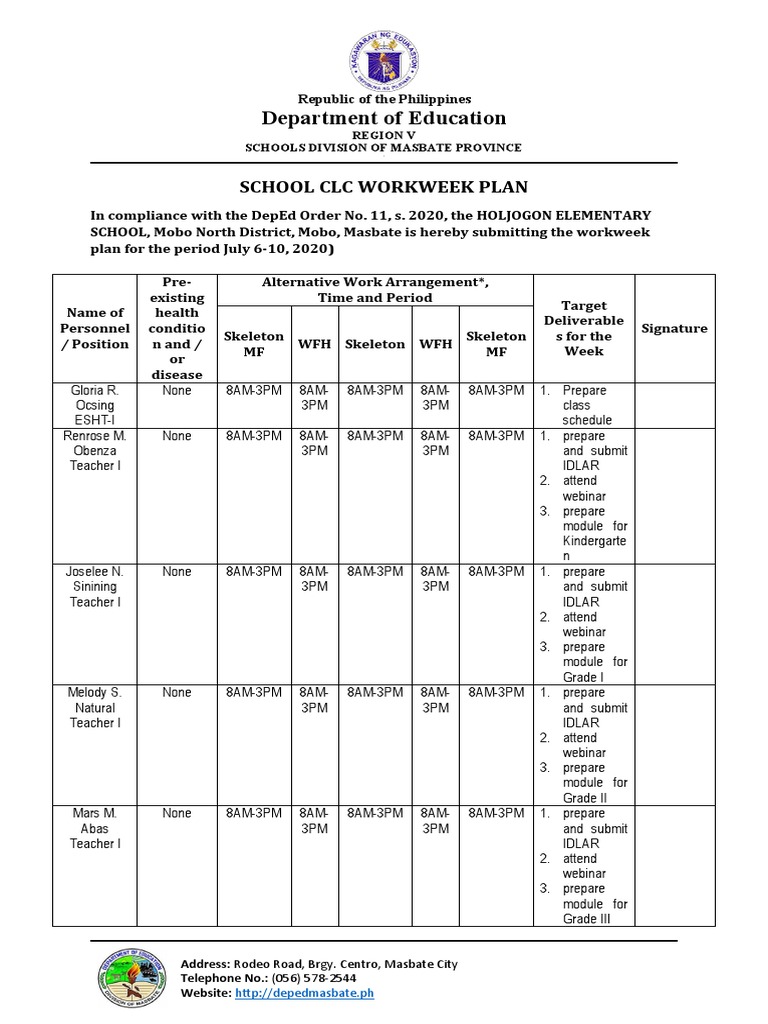 Department of Education: School CLC Workweek Plan | PDF