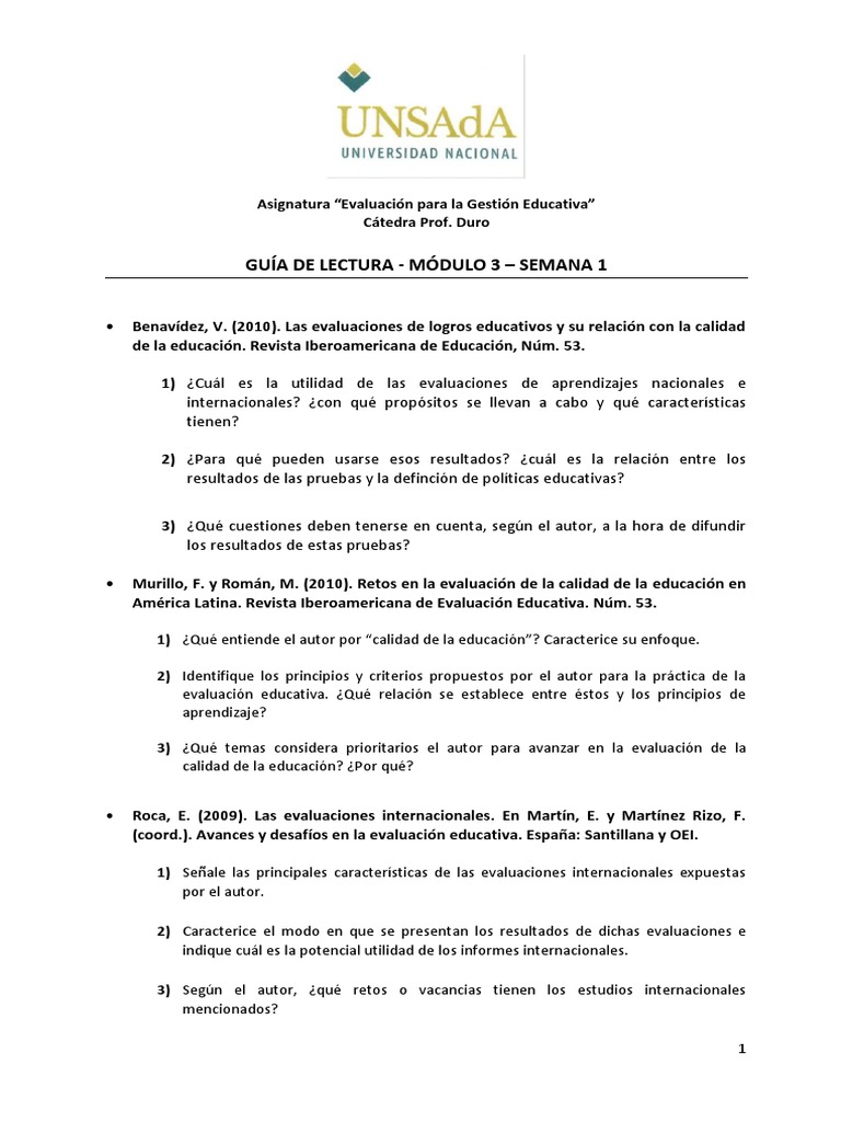 Guía de Lectura - Módulo 3 - Semana 1 | PDF | Evaluación | Aprendizaje