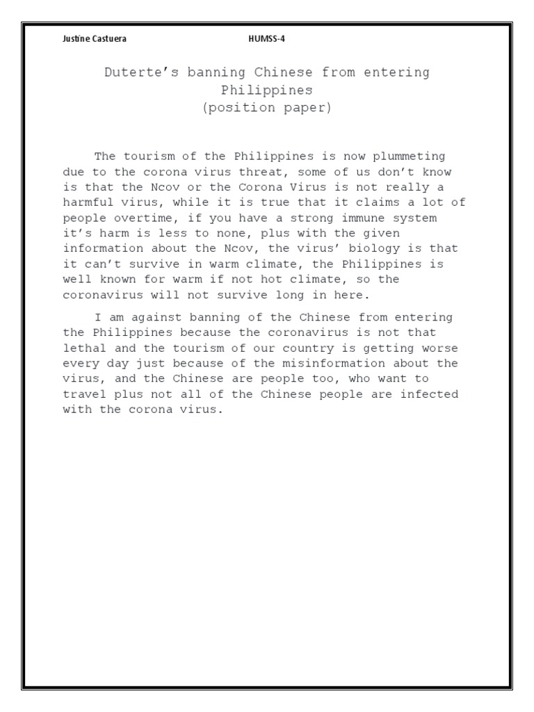 Duterte's Banning Chinese From Entering Philippines (Position Paper) | PDF
