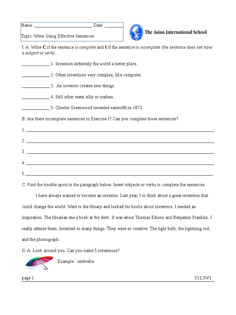 Unit 1 Lesson 3 - Worksheet | PDF | Invention | Sentence (Linguistics)