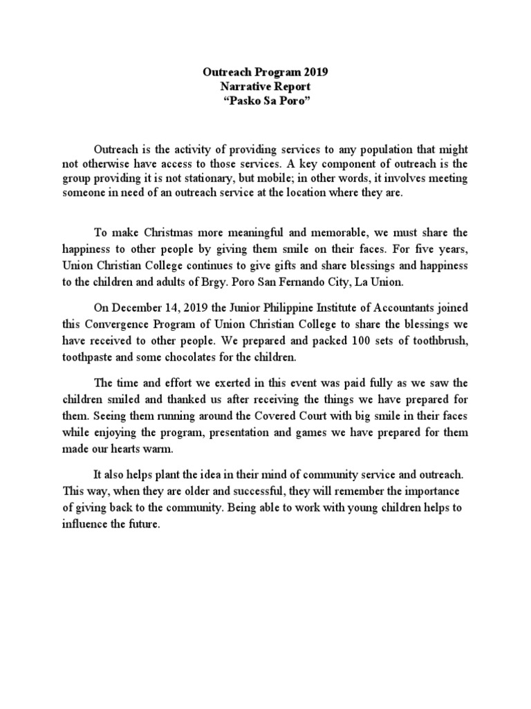 Outreach Program 2019 Narrative Report "Pasko Sa Poro" | PDF