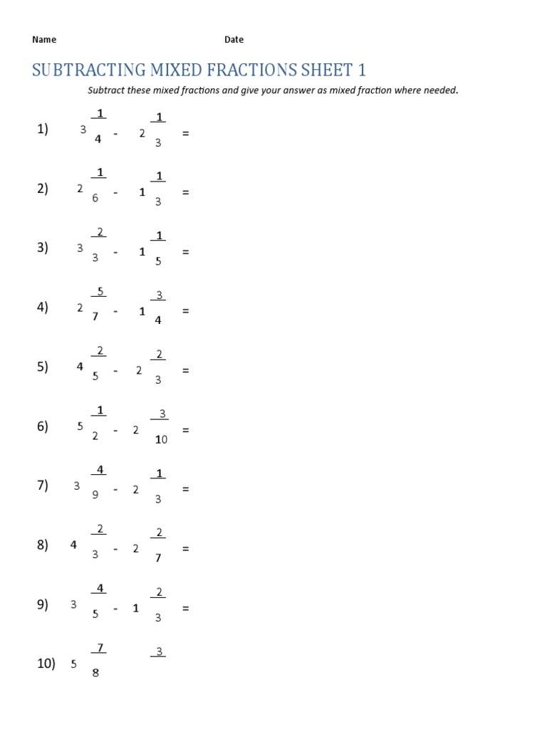 Subtracting Mixed Fractions Sheet 1: Subtract These Mixed Fractions and ...