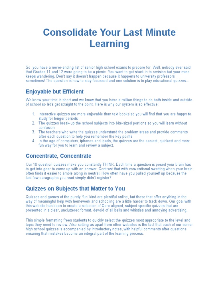Consolidate Your Last Minute Learning: Enjoyable But Efficient | PDF