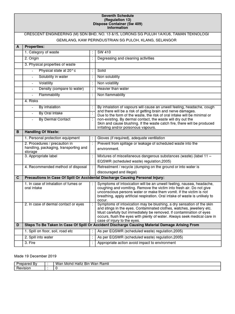 SEVENTH SCHEDULE Waste Card SW 410 | PDF | Waste | Water