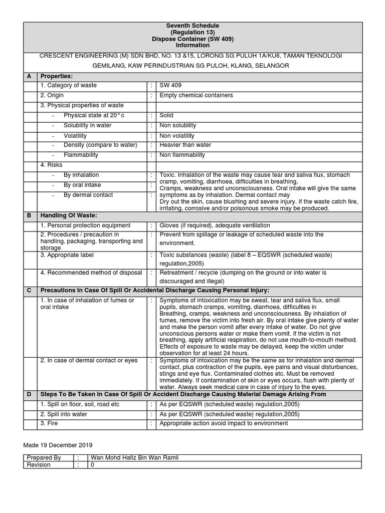 SEVENTH SCHEDULE Waste Card SW 409 | PDF | Toxicity | Vomiting