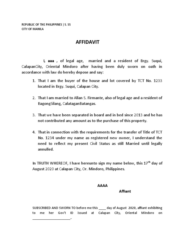 Affidavit: Republic of The Philippines) S. Ss City of Manila | PDF
