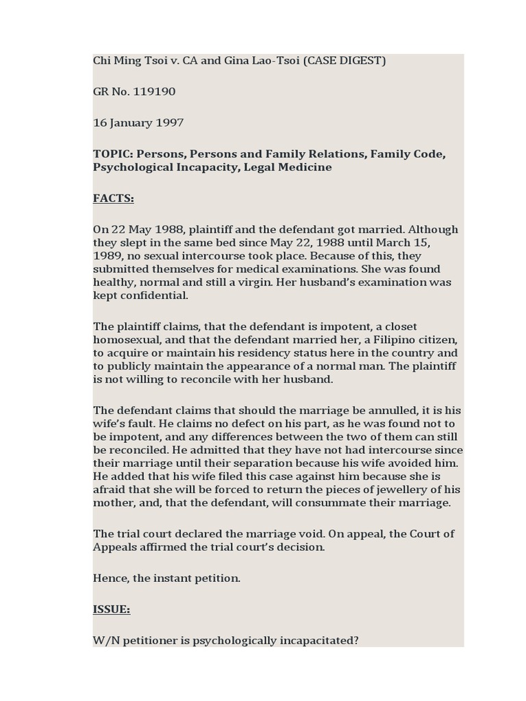 Tsi Ming Tsoi v. CA | PDF | Marriage | Sexual Intercourse