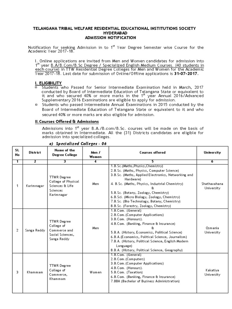 TTWRDC-Admission Notification 2017-18 | PDF | University And College ...