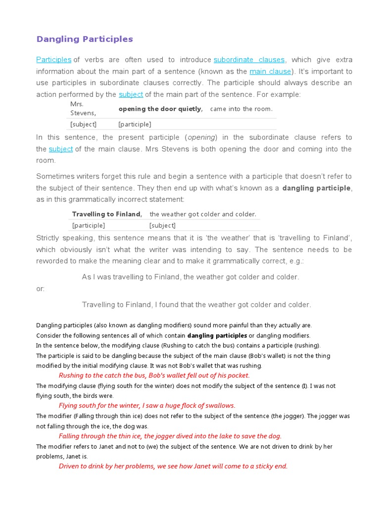 Dangling Participles: Participles Subordinate Clauses Main Clause ...