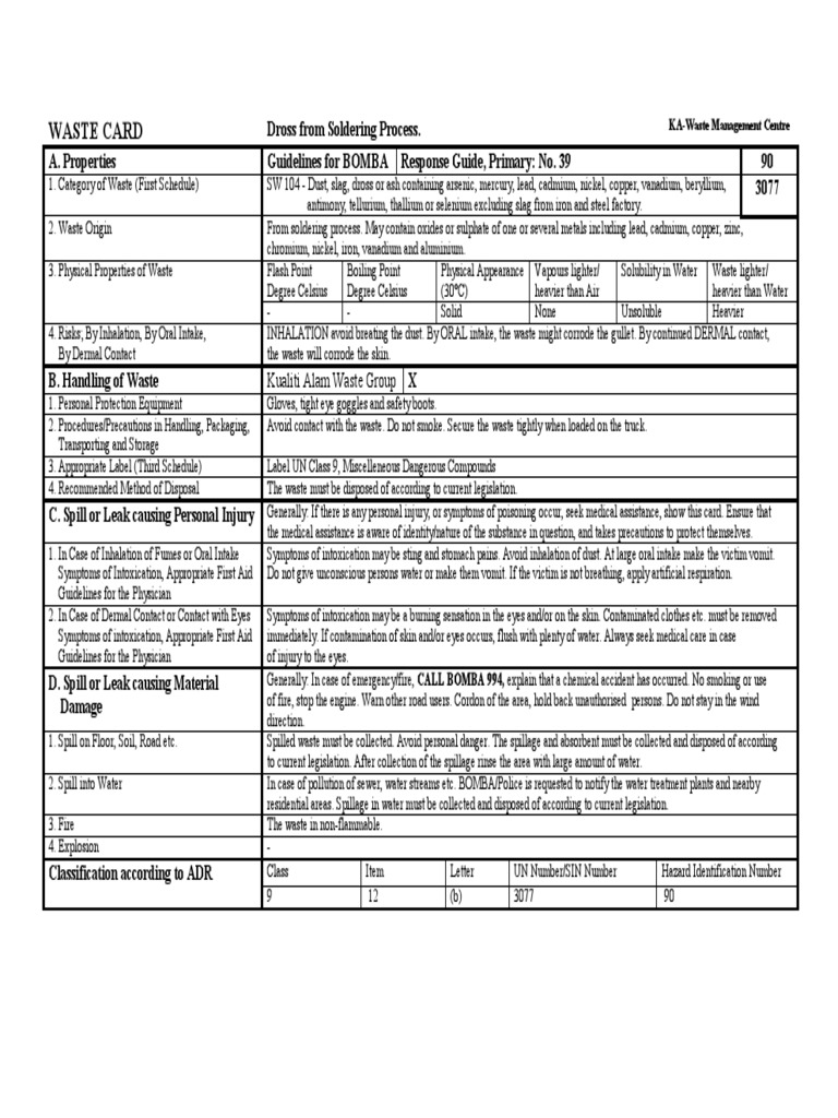 Waste Card: KA-Waste Management Centre | PDF | Lead | Cadmium