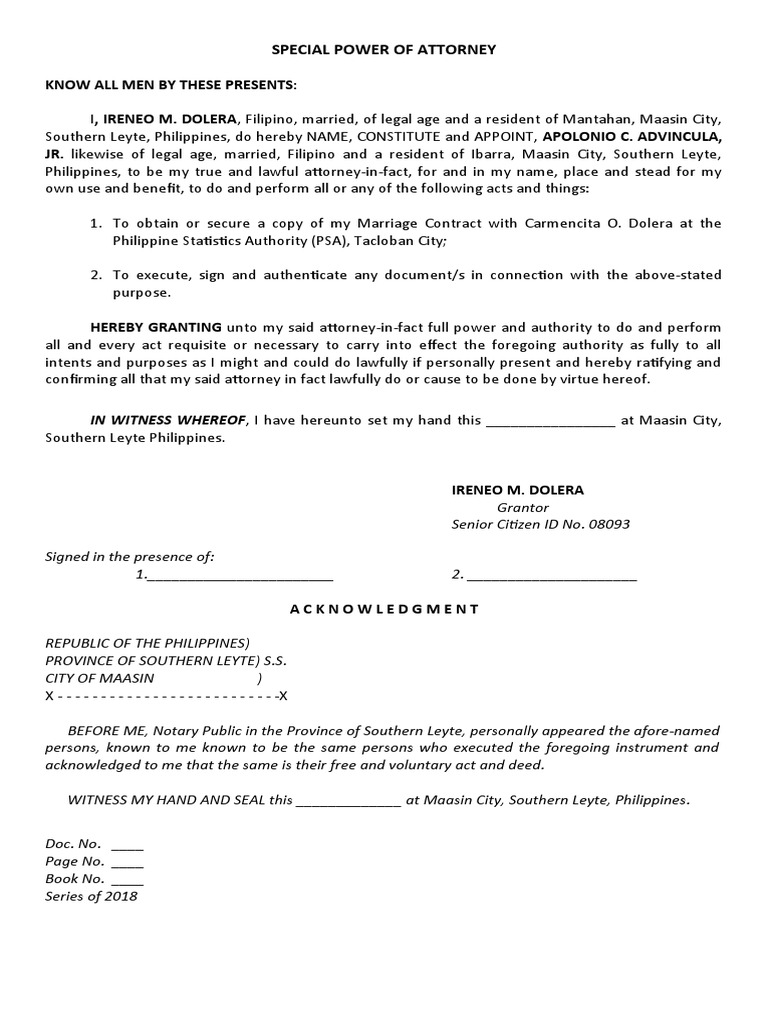 Special Power of Attorney: IN WITNESS WHEREOF, I Have Hereunto Set My ...