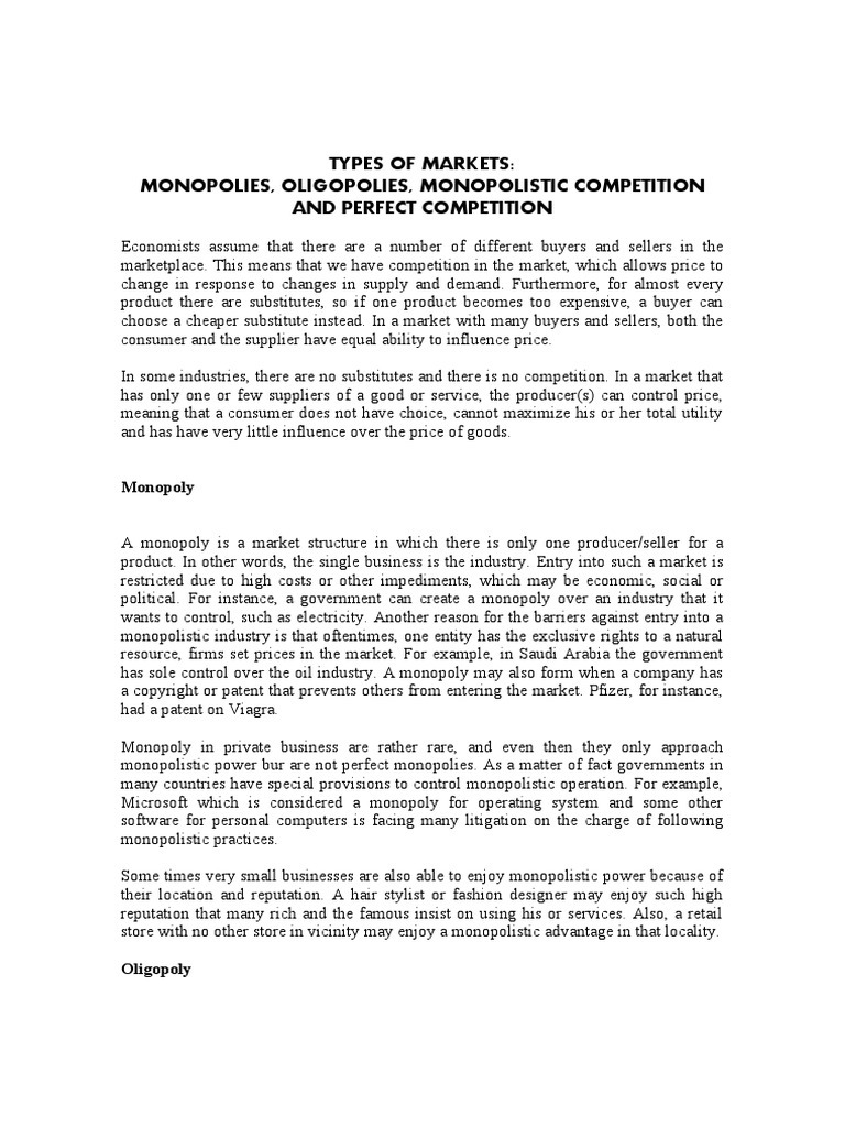 Types of Markets: Monopolies, Oligopolies, Monopolistic Competition and ...