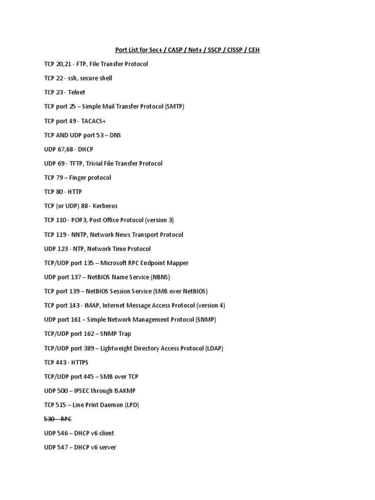 Port List For Sec+ / CASP / Net+ / SSCP / CISSP / CEH | PDF