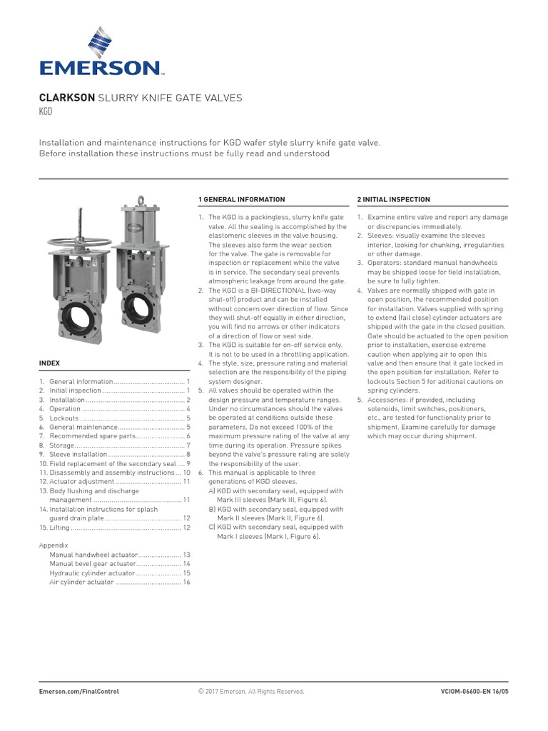 Manual KGD Knife Gate Valves Iom Clarkson en en 5193462 | PDF | Valve ...