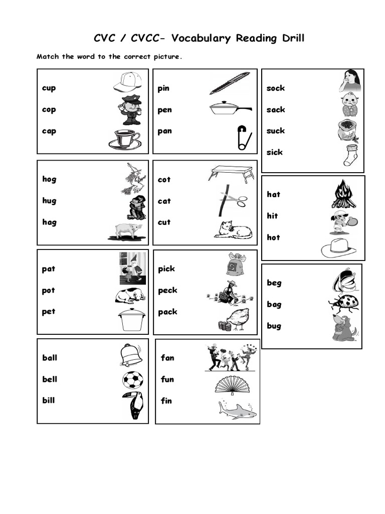 CVC / CVCC-Vocabulary Reading Drill: Cup Cop Cap Pin Pen Pan Sock Sack ...