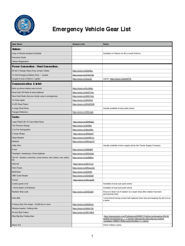 Emergency Vehicle Gear List-1 | PDF | Vehicles | Equipment