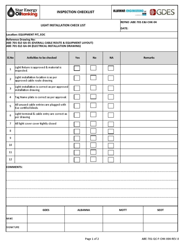 Light Installation Check List