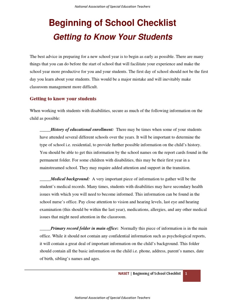 Beginning of School Checklist: Getting To Know Your Students | PDF ...