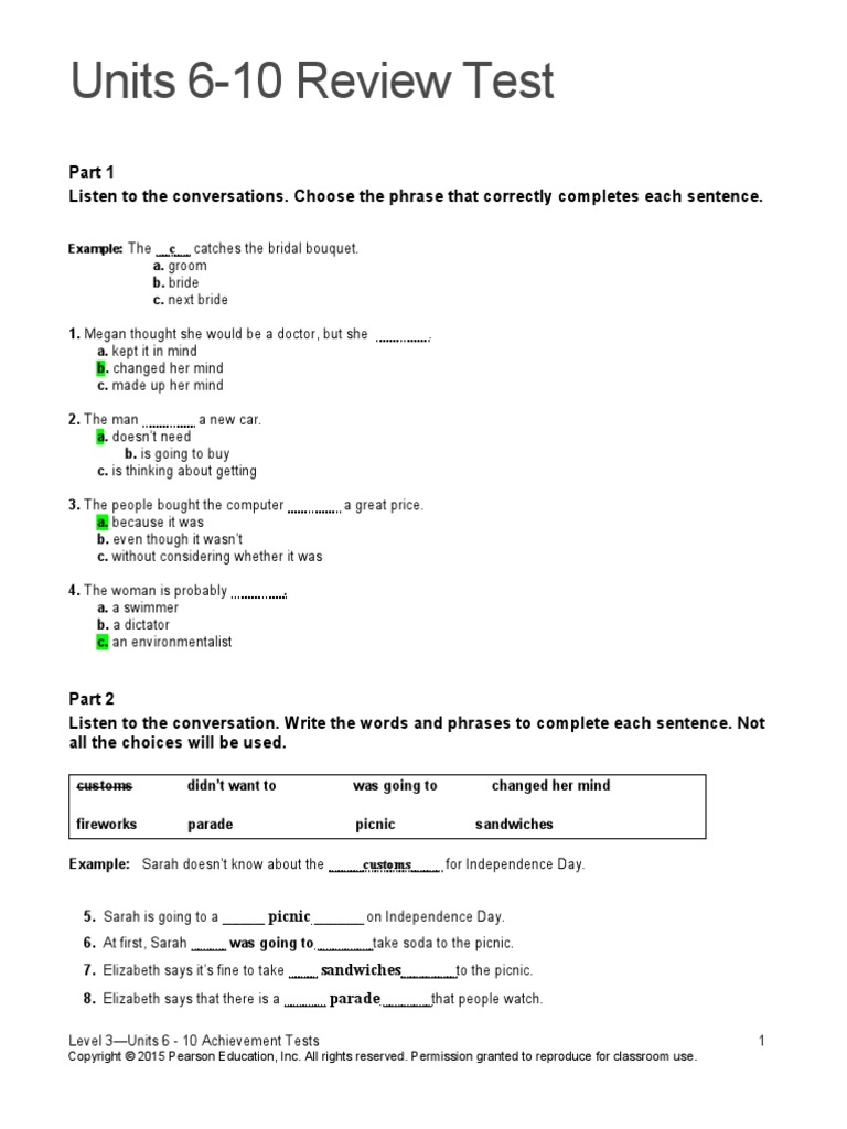 Units 6-10 Review Test: Listen To The Conversations. Choose The Phrase ...