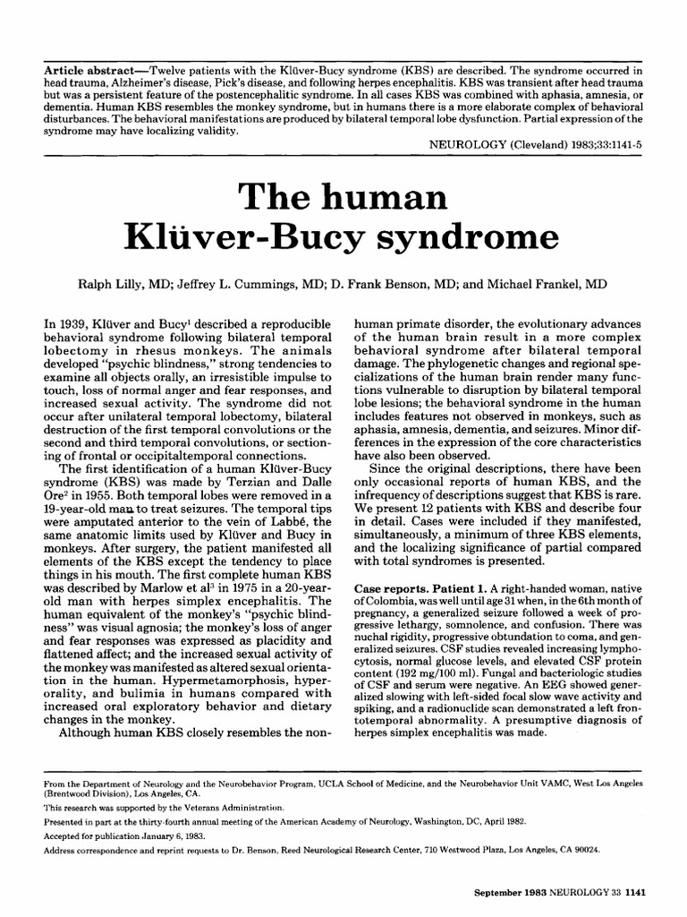 Human Kluver-Bucy: Syndrome | PDF | Dementia | Temporal Lobe