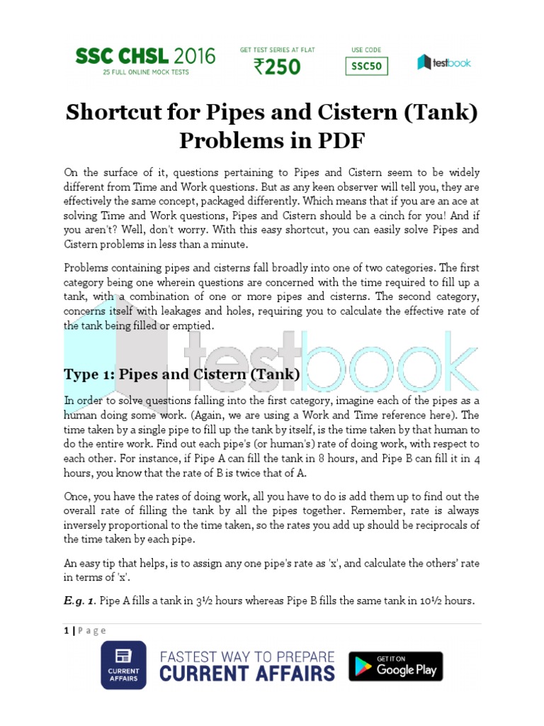 Shortcut For Pipes and Cistern Tank Problems in PDF | PDF | Time ...