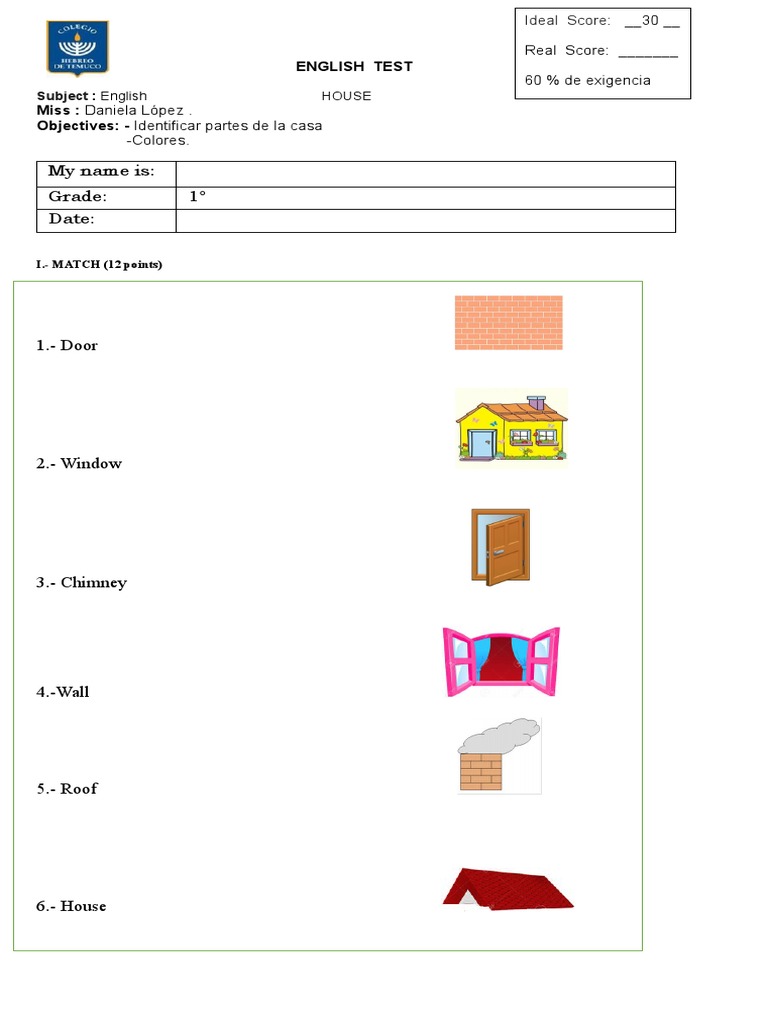 English Test 1año Básico Part of The House | PDF