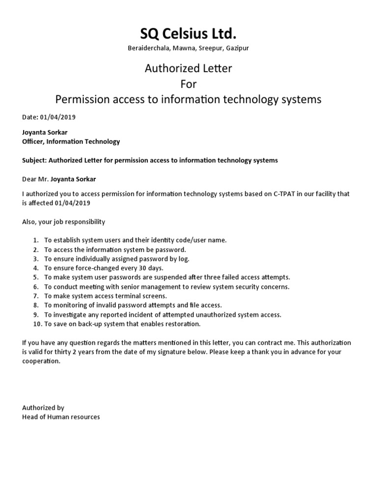 Authorized Letter Granting Access to IT Systems and Outlining ...
