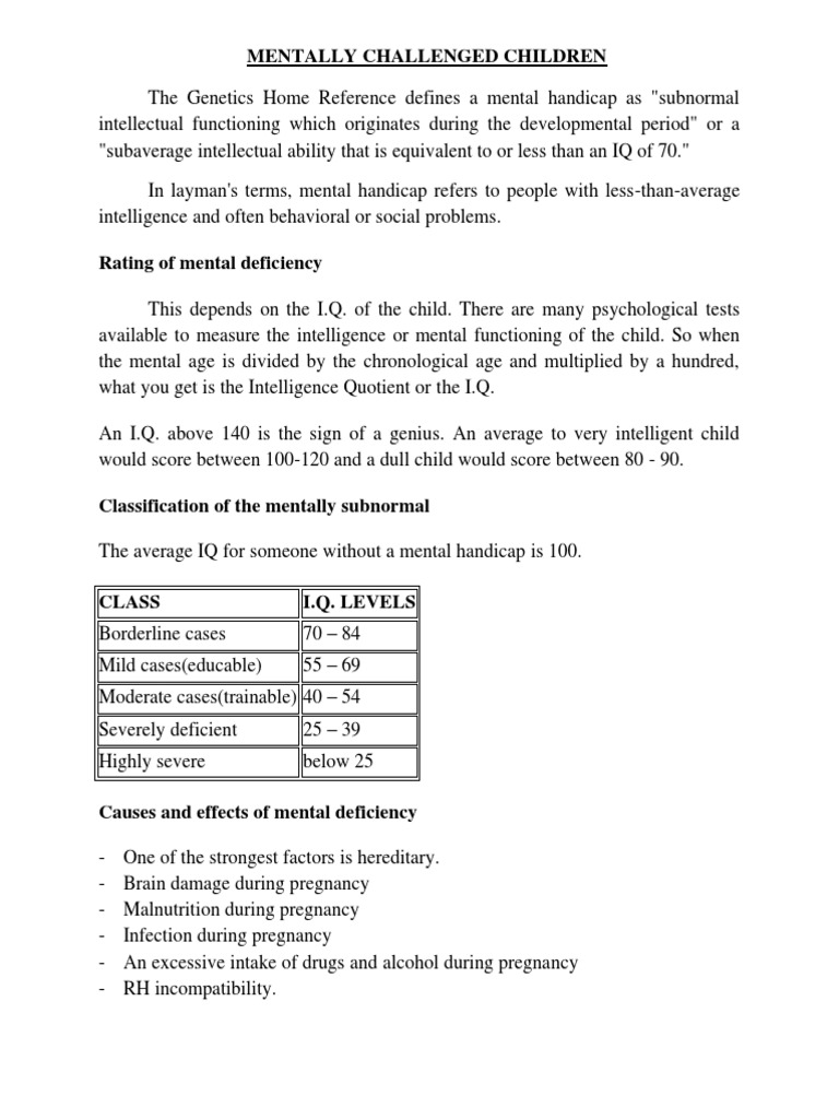 Mentally Challenged Children | PDF | Intellectual Disability | Intelligence Quotient