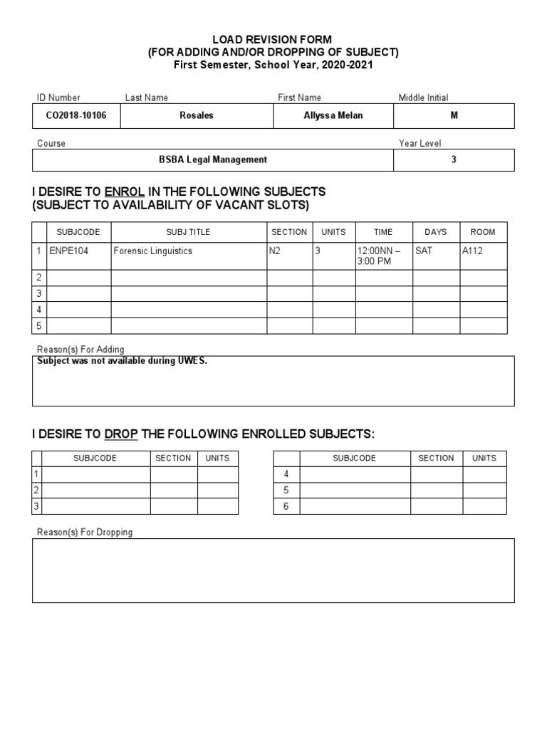 ADNU CRO Load Revision Form 2020 - Rosales | PDF