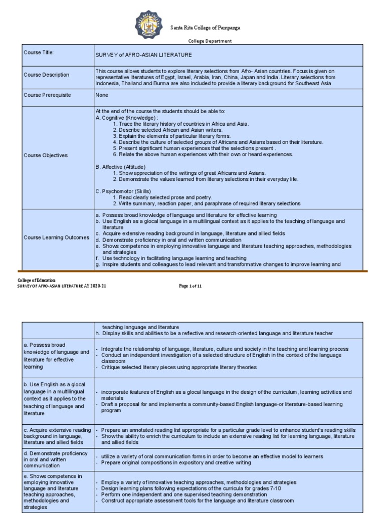 Survey of Afro-Asian Literature 2020-2021 | PDF | Curriculum | Lesson Plan