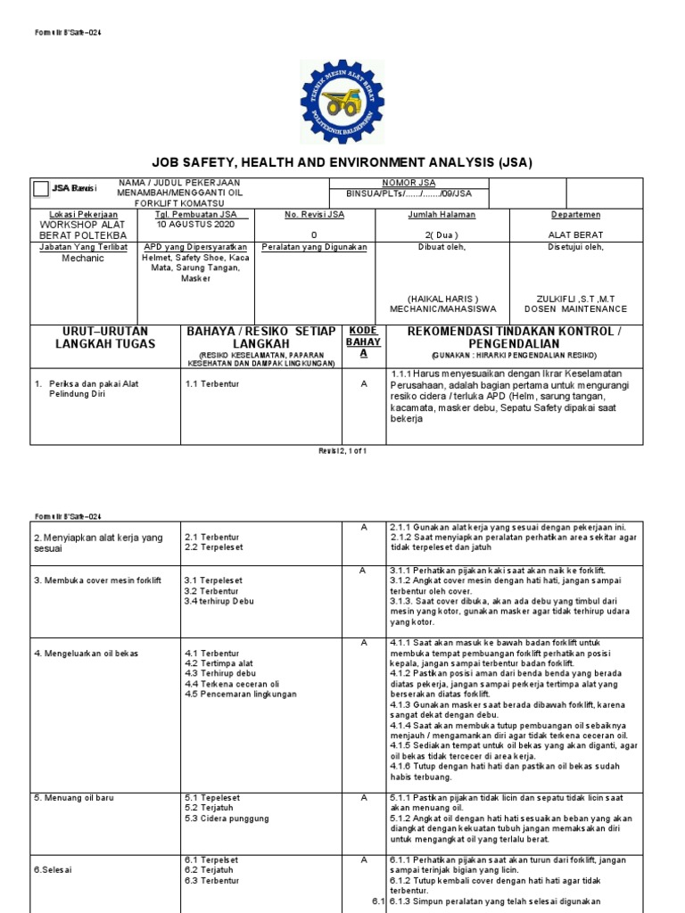 Contoh Jsa Mesin Alat Berat | PDF