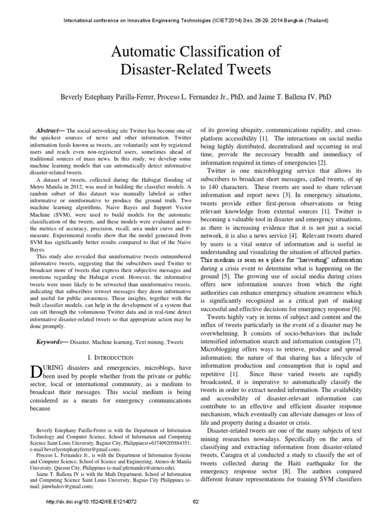 Automatic Classification of Disaster Related Tweets | PDF | Statistical Classification | Machine ...
