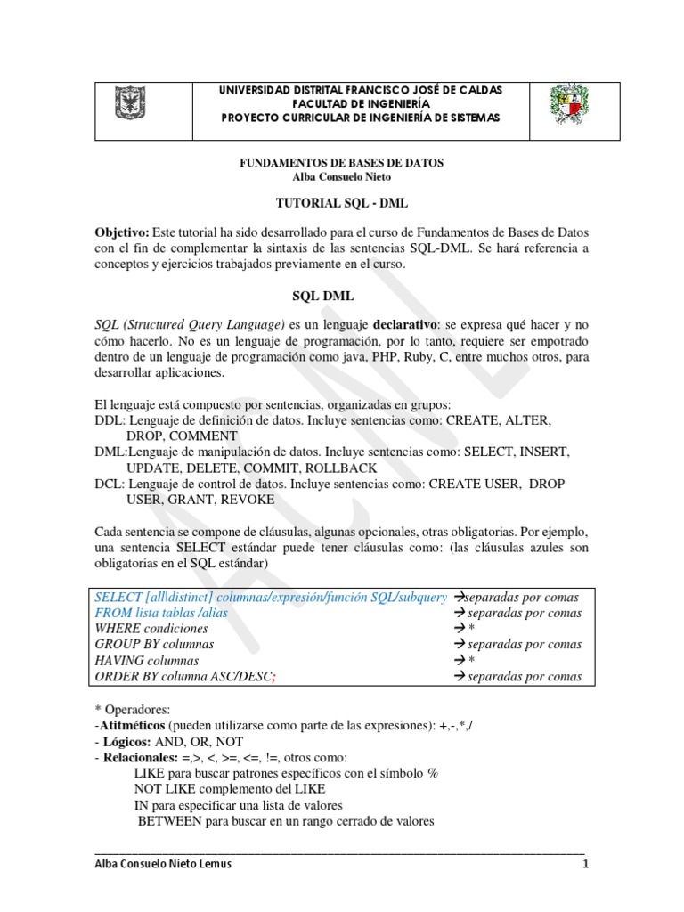 Tutorial SQL-DML | PDF | SQL | Ciencia y Tecnología