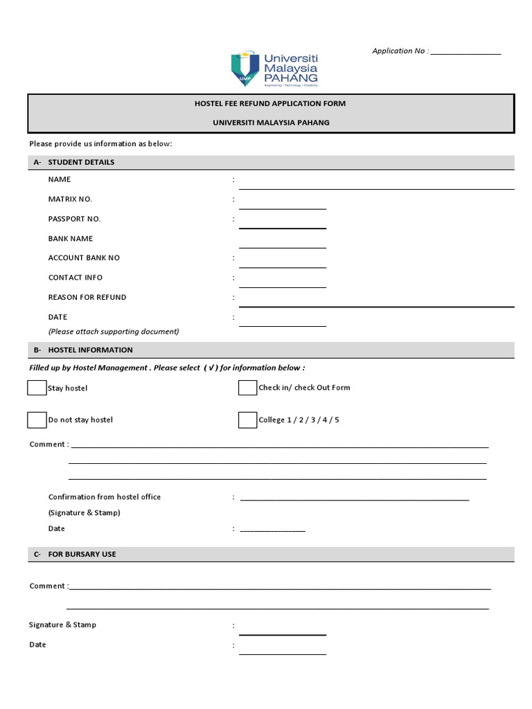 Hostel Fee Refund Application Form Universiti Malaysia Pahang | PDF