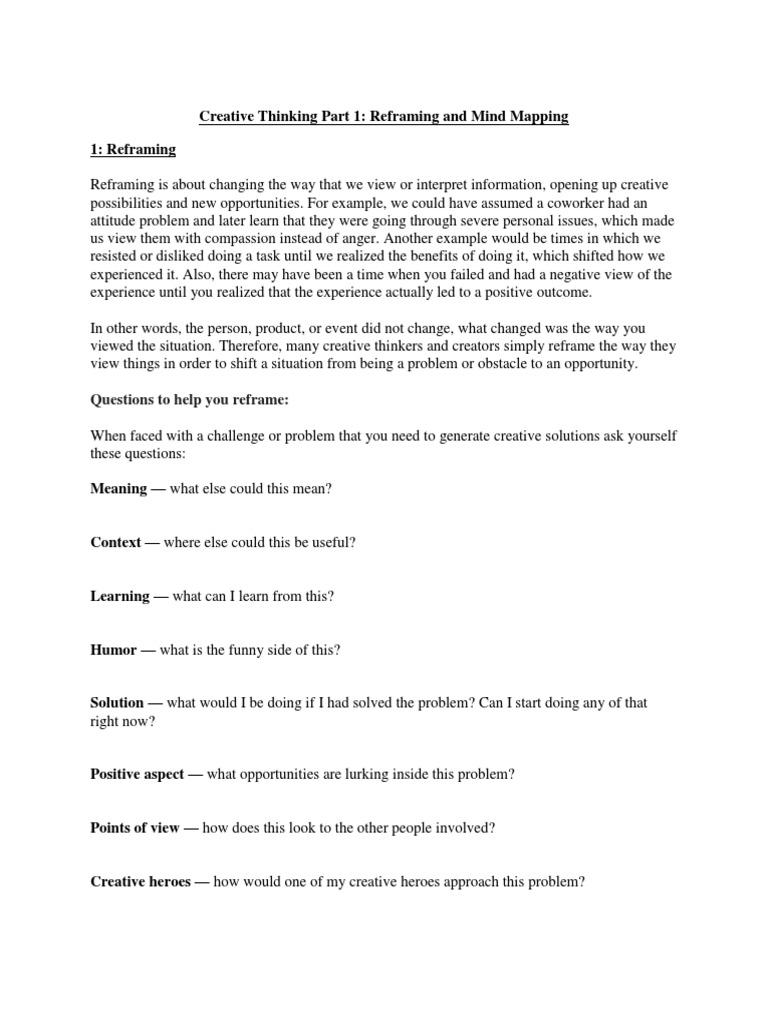 Creative Thinking Reframing and Mind Mapping PDF | PDF | Idea | Mind