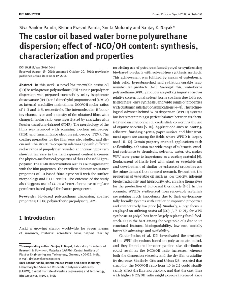 The Castor Oil Based Water Borne Polyurethane Dispersion Effect of ...