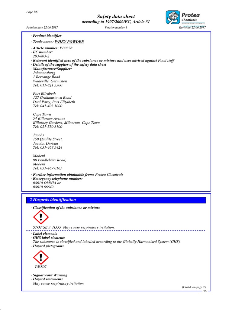 Safety Data Sheet: According To 1907/2006/EC, Article 31 | PDF ...