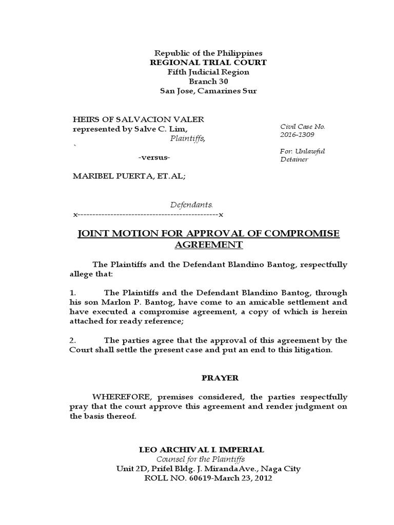 Motion For Approval of Compromise Agreement-Bantog | PDF | Government Institutions | Lawsuit